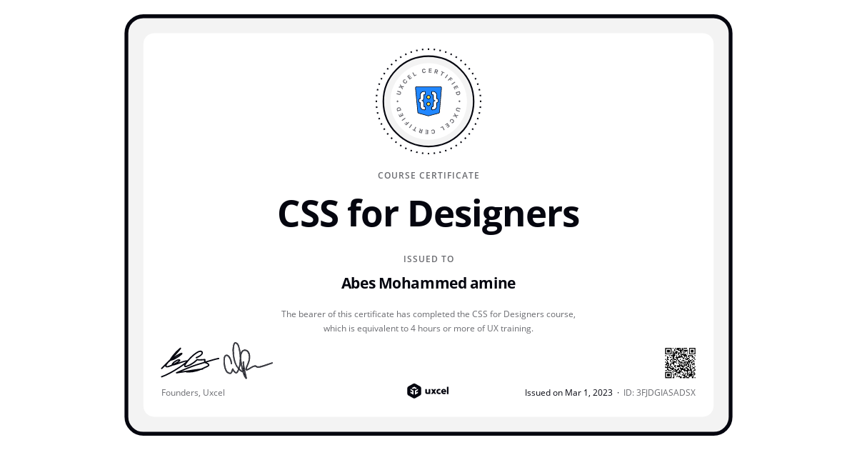 Certificate of completion for CSS Foundations | Uxcel